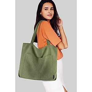 Prite Corduroy Tote Bag for Women Large Shoulder Bag with Zipper and Pockets for College Work Travel Shopping(Green)
