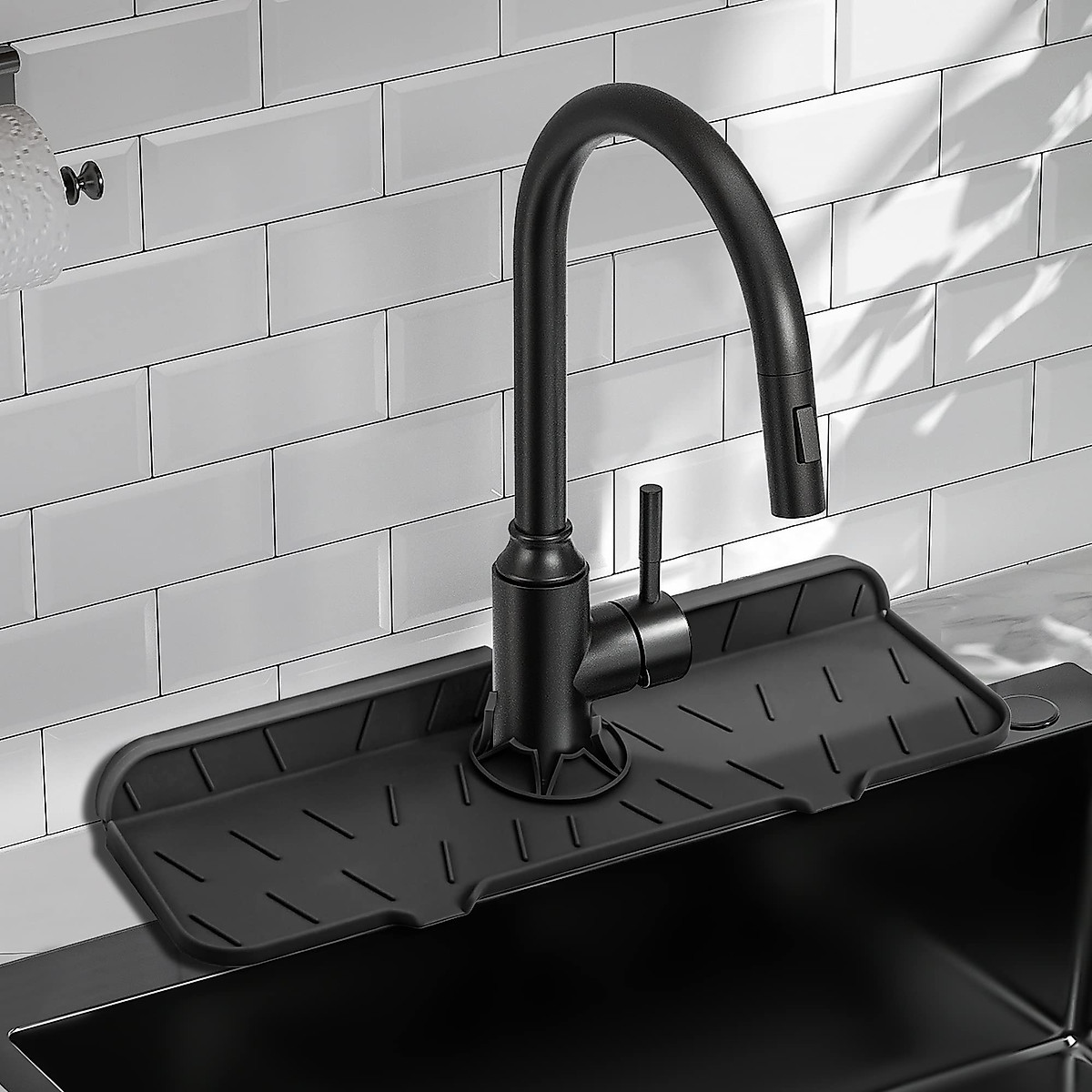 Meiliweser Silicone Sink Splash Guard Gen 2 - Slope Upgraded Faucet Mat, 15" x 5.5", Sink Gadgets-Splash Guard Behind Faucet Water Drip Catcher Mat for Kitchen, Bathroom, Sink Sponge Holder(Black)