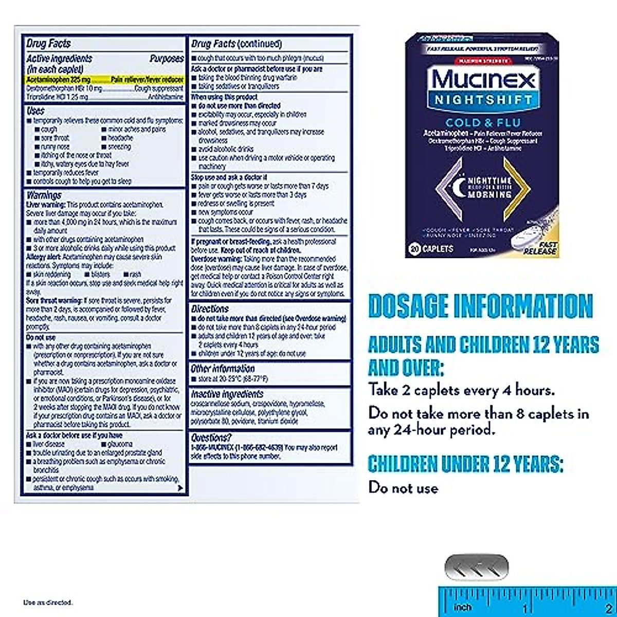 Mucinex Nightshift Cold & Flu, Maximum Strength Powerful Multi-symptom Nighttime Relief, 20 Fast Release Caplets - Pain Reliever/Fever Reducer, Cough Suppressant, Antihistamine