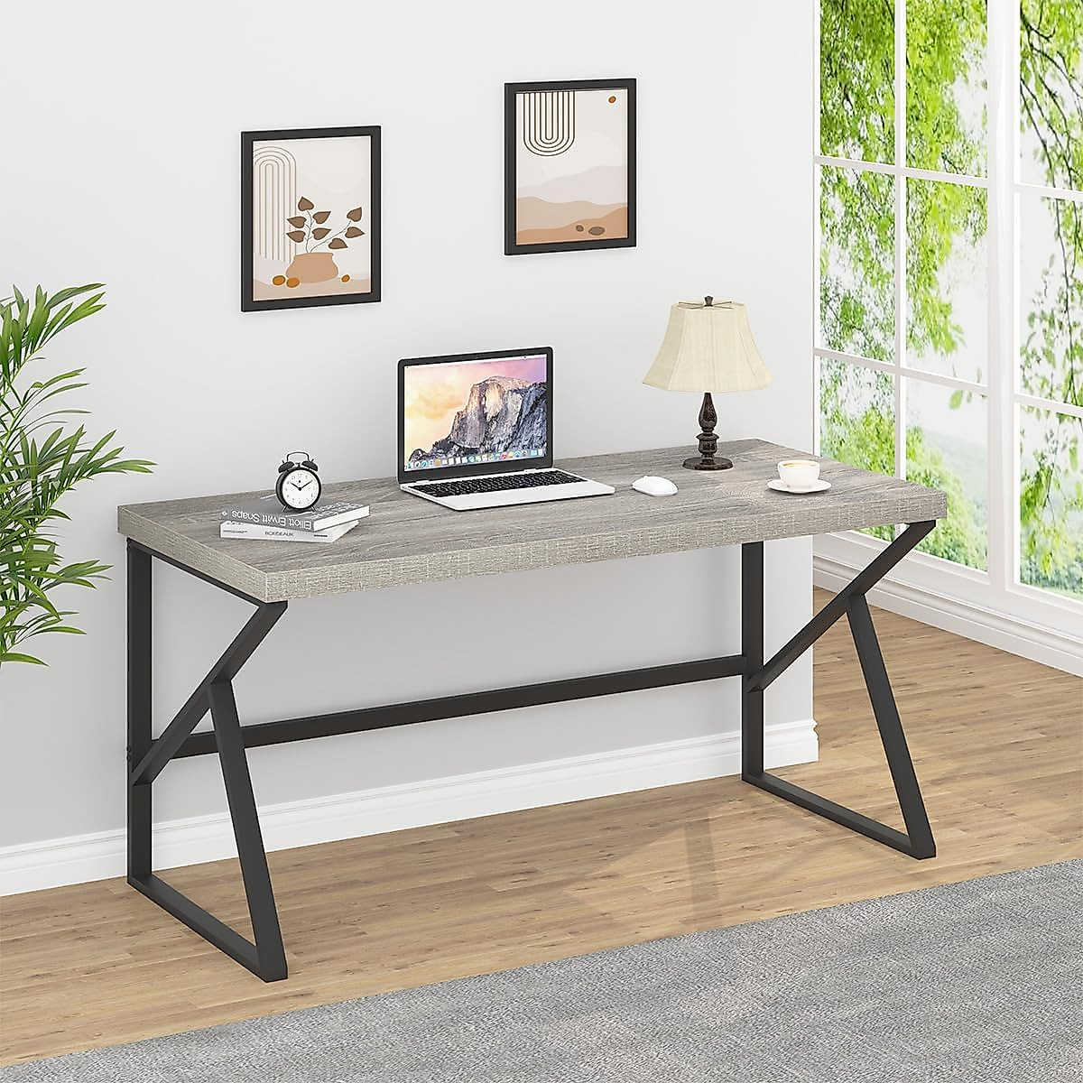 HSH Gray Computer Desk, Industrial Wood and Metal Home Office Desk, Farmhouse Rustic PC Laptop Desk for Executive Work Writing Study Gaming, Modern Simple Bedroom Computer Table, Light Grey Oak, 55 In