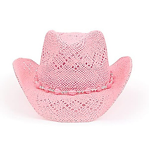 TOVOSO Straw Cowboy Hat for Women with Beaded Trim and Shapeable Brim, T52 Light Pink