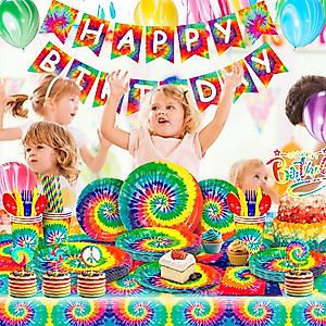 Tie Dye Birthday Party Supplies,175pcs Tie-Dye Party Tableware Set-Tie Dye Party Plates Cups Napkins Tablecloth Banner Balloon Hanging Swirl Cake Topper etc Tie Dye Birthday Decorations for Girls/Boys