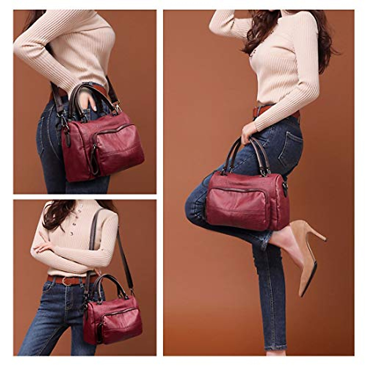 Artwell Casual Crossbody Bag PU Leather Tote Handbag Purse Shoulder Messenger Bag for Women (Wine red)
