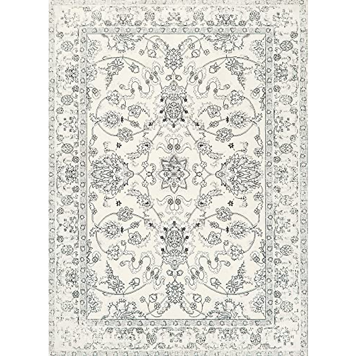 Area Rug Living Room Rugs - 5x7 Machine Washable Soft Farmhouse Boho Moroccan Floral Thin Rug Indoor Floor Carpet for Bedroom Under Dining Table Home Office Decor - Grey