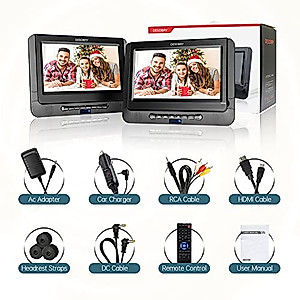 10'' Car DVD Player Dual Screen DESOBRY Portable DVD Players for Car with HD Transmission 5-Hour Rechargeable Battery Headrest DVD Player Suport USB TF Card All Region Free Last Memory Function