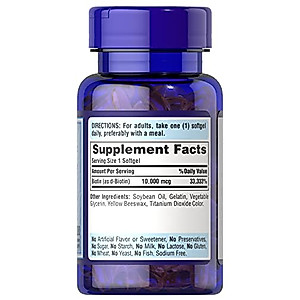 Puritan's Pride Biotin 10000 Mcg, Helps Promote Skin, Hair and Nail Health, Softgels 100 Count