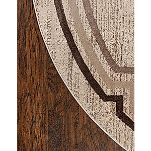 Unique Loom Oasis Collection Modern, High-Low Pile, Border, Stripes, Abstract Area Rug (7' 0 x 7' 0 Round, Brown/Beige)