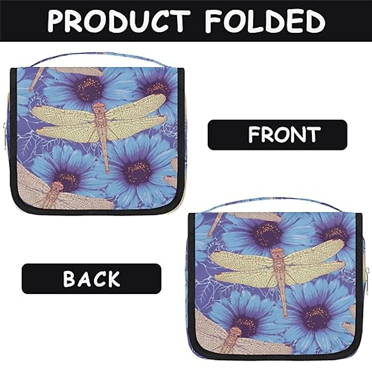 POFATO Dragonfly Blue Flower Travel Toiletry Bag Cosmetic Makeup Bag for Women Men Hanging Hook Wash Toiletries Portable Toiletry Bags Organizer