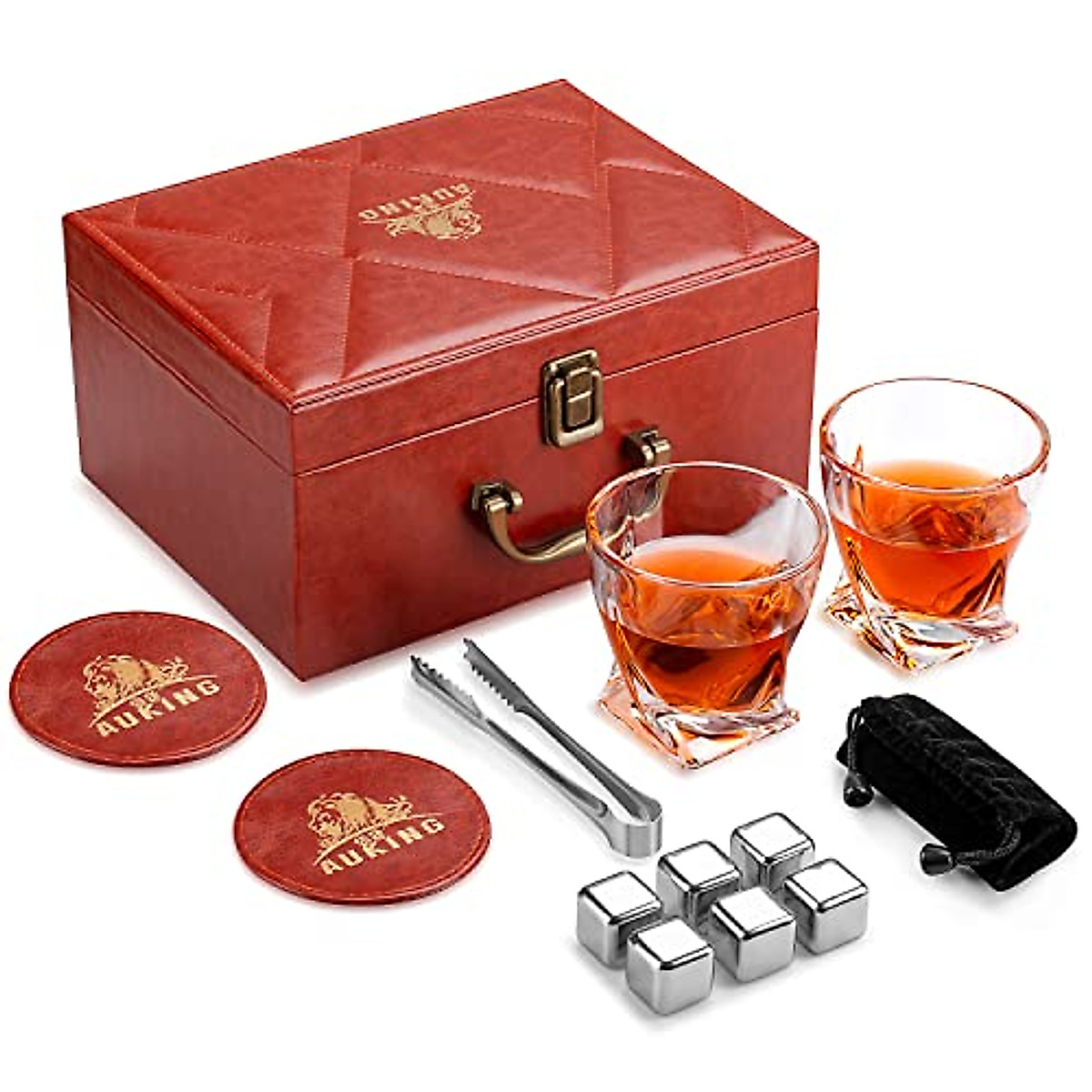 Whiskey Gifts for Men Dad, Whiskey Set with Leather Box, 6 Whiskey Stones, 10 OZ Whiskey Glass, Whiskey Stones Gift Set for Men, Husband, Boyfriend, Birthday, Anniversary, Father's Day or Christmas