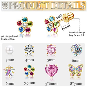 FIBO STEEL 8 Pairs Hypoallergenic Screw back Earrings for Women 316L Stainless Steel CZ Heart Pearl Flower Butterfly Screw Back Stud Earrings Pack Gold