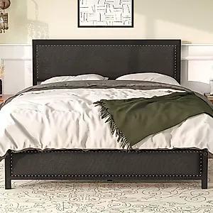 VECELO Queen Size Bed Frame with Linen Fabric Headboard and Footboard, Heavy-Duty Platform with Strong Steel Slats, No Box Spring Needed, Easy Assembly, Black