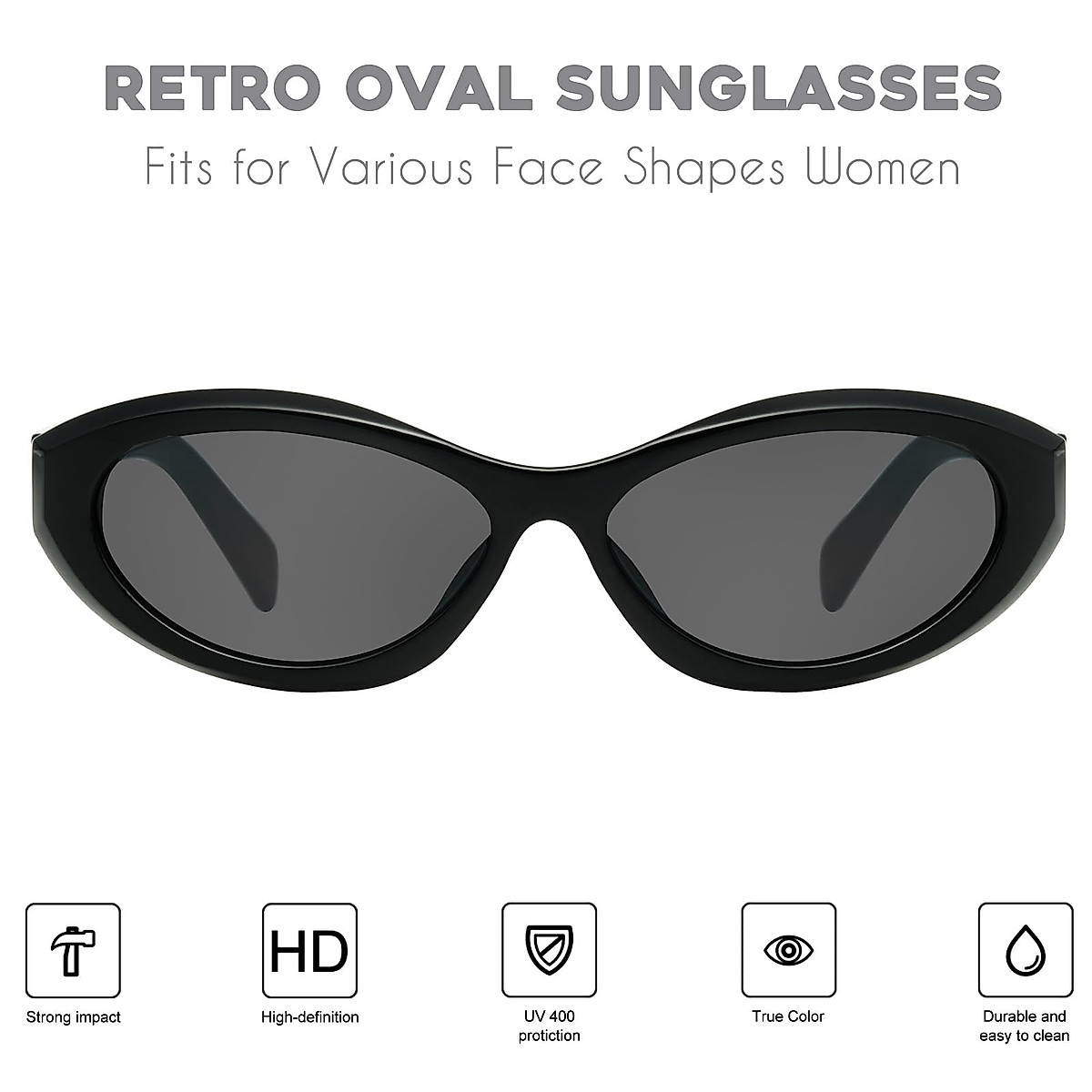 mosanana Oval Cat Eye Sunglasses for Women Black Retro Vintage Trendy Fashion Cute Cool Small Face 90s Narrow Stylish Chunky Frame MS52372