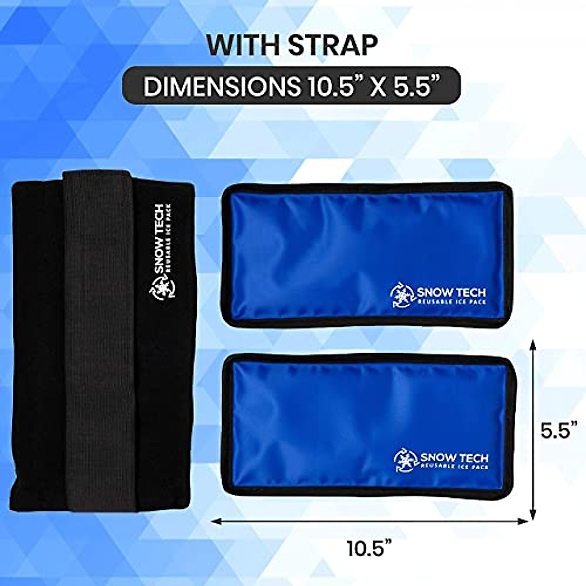 SnowTech Ice Packs for Injuries Reusable Gel (2 Pack w/Strap 10.5"x5.5") Flexible Hot & Cold Pack Compress Therapy for Injury, Swelling, Bruises, Surgery Hip, Shoulder, Elbow, Knee, Back, Arm, Neck