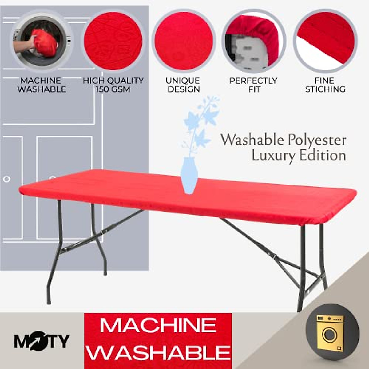 Fitted Rectangle Tablecloth for 6 Foot Tables – Reusable Elastic Edge Table Cover for Folding Banquet Tables – Washable 100% Polyester Fabric with Mitered Corners for Parties and Picnics (32x72 inch)