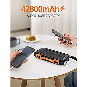 Solar Charger, Power Bank, 42800mAh Portable Charger Power Bank External Battery Pack 5V3.1A Qc 3.0 Fast Charger Built-in Super Bright Flashlight (Deep Orange)