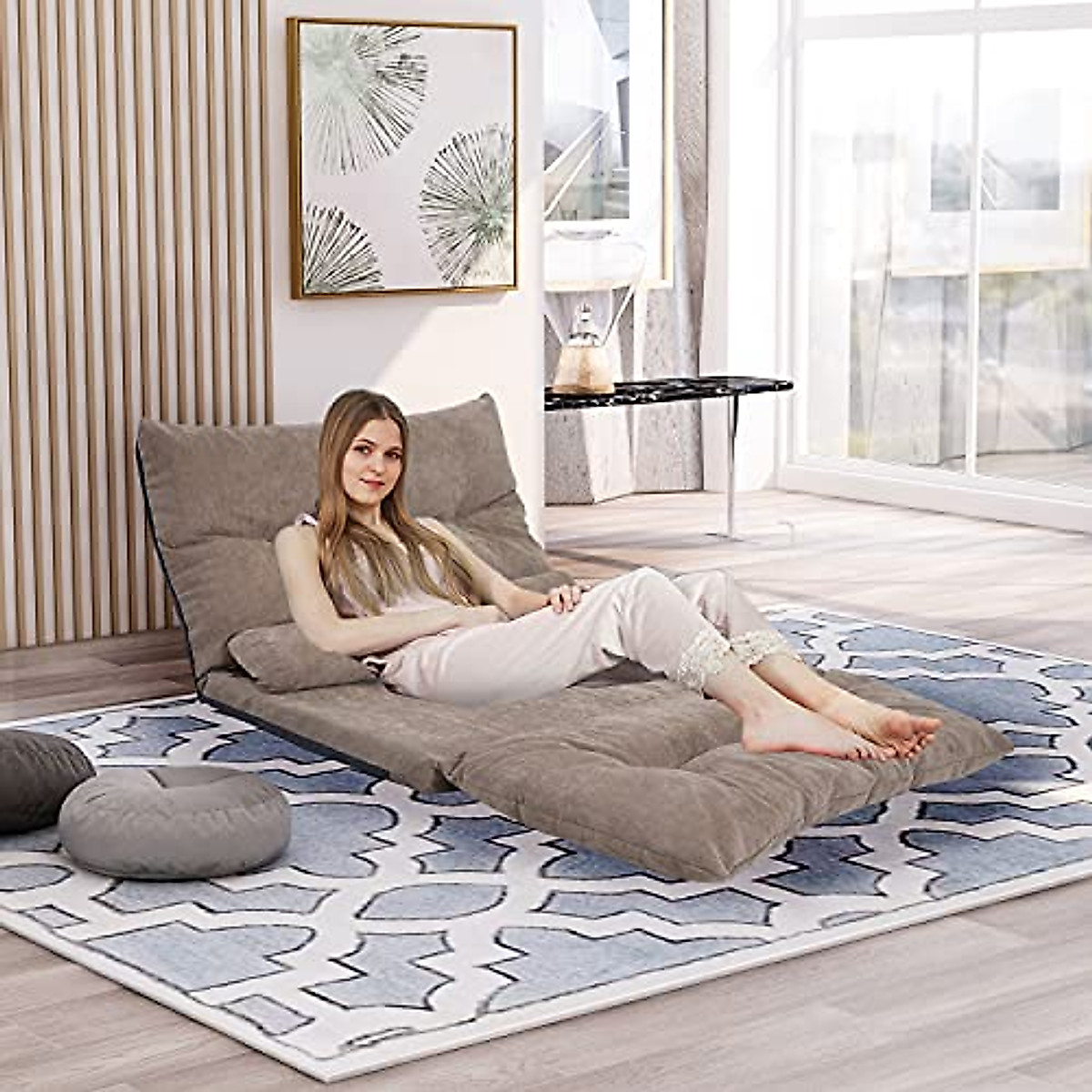 Harper & Bright Designs Adjustable Floor Sofa Couch with 2 Pillows, Foldable Lazy Sofa Sleeper Bed for Reading Gaming Sleeping(Light Brown)