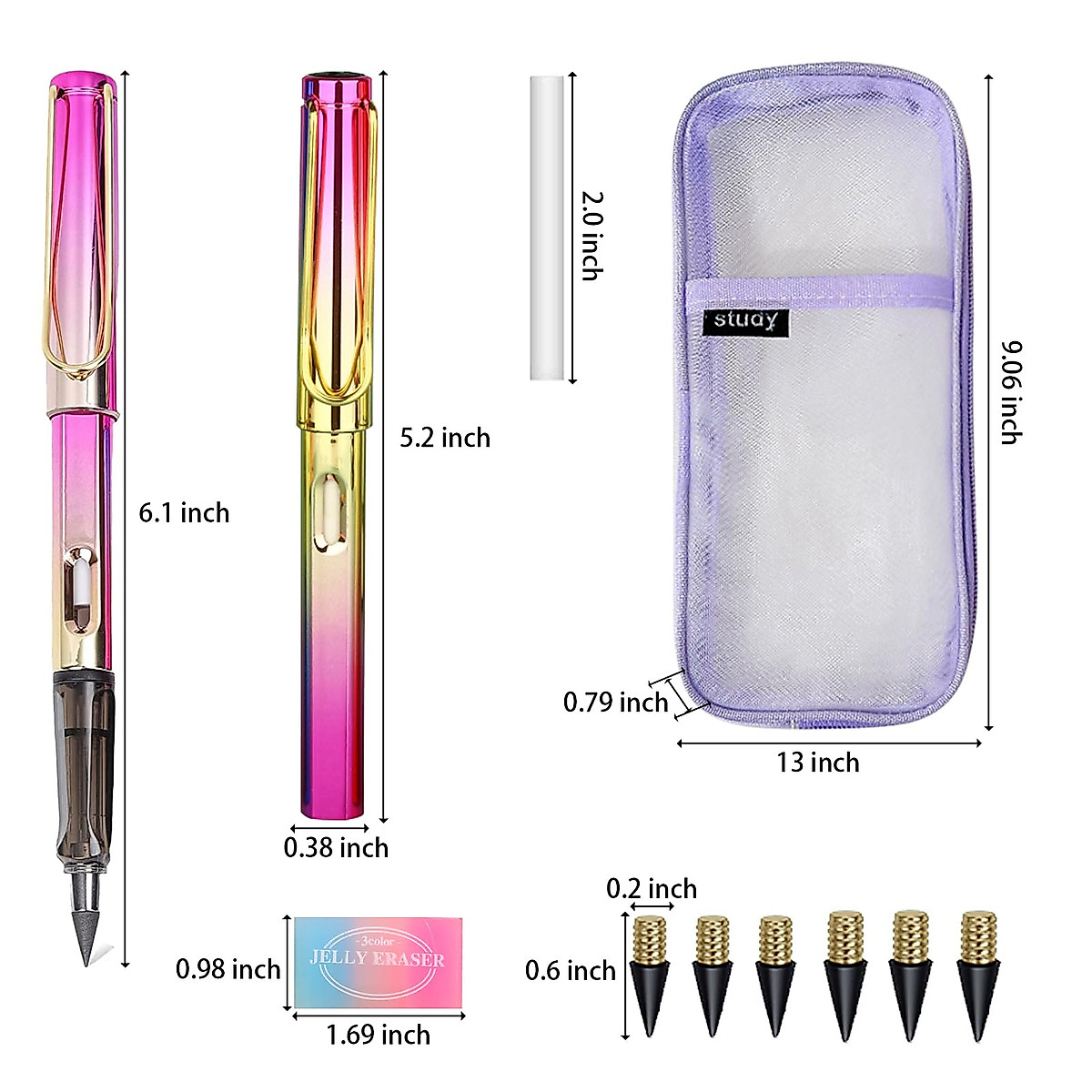 Mechanical Pencils Inkless Pencils Eternal Set - 6 Everlasting Pencil,6 Replaceable Nibs,3 Erasers,1 Pencil Case,Pencil Never Sharpen,Infinity Pencils,Forever Pencil for Kids Student Writing Drawing