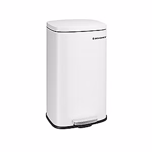 SONGMICS 8-Gallon Trash Can, Stainless Steel, with Hinged Lid, Plastic Inner Bucket, Soft Closure, Odor Proof, Hygienic, White