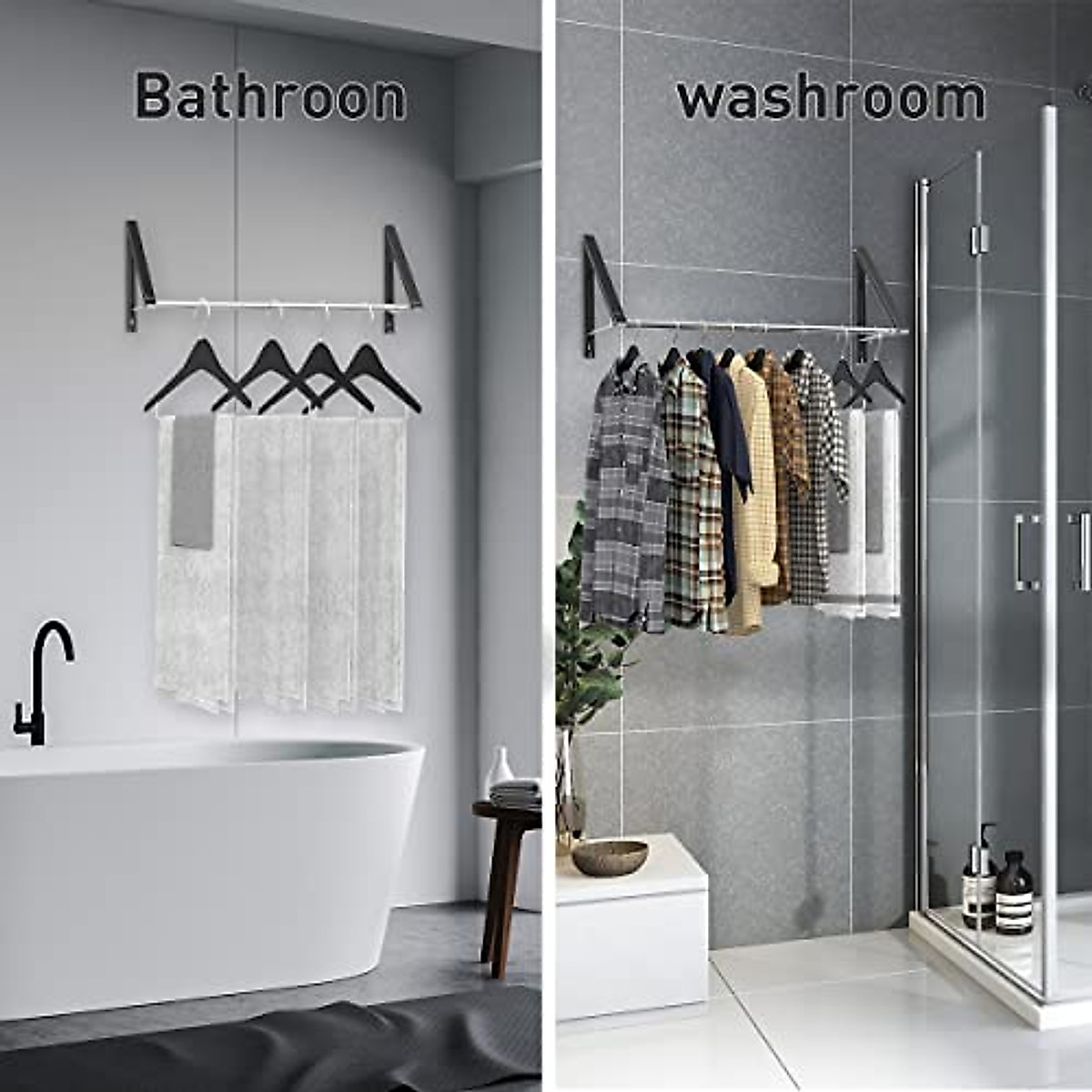 Anjuer Retractable Clothes Rack - Wall Mounted Folding Clothes Hanger Drying Rack for Laundry Room Closet Storage Organization, Aluminum, 2 Racks with Rod (Black)