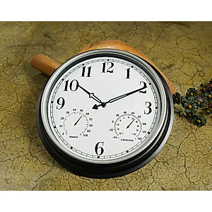 Rsobl 16 Inch Large Indoor Outdoor Wall Clock,Waterproof Non-Ticking Clock with Thermometer and Hygrometer Combo,Battery Operated Clock Wall Decorative- Silver