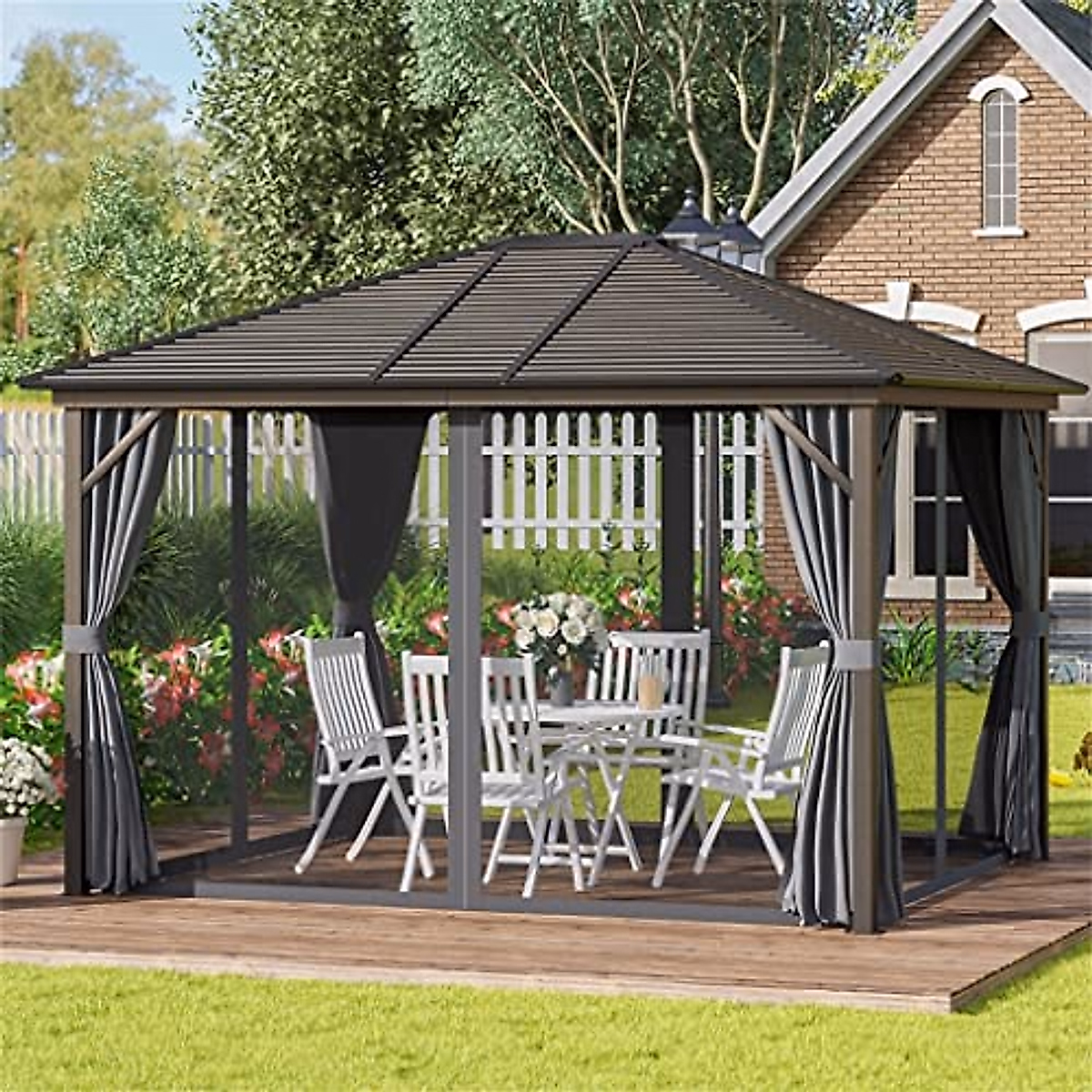UXZDX 10' X12' Hardtop Gazebo with Aluminum Frame, with 2 Hooks, Curtains and Netting for Garden, Patio, Backyard, Dark Grey