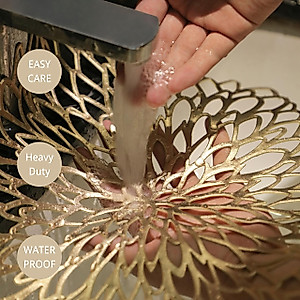 Snowkingdom Pairs of 18 Gold Metallic Round Placemats & Coasters 36 PCS Matching, Bulk Round Pressed Vinyl Leaf Dinning Kitchen Table Mats Decoration for Christmas Wedding Thanksgiving Party