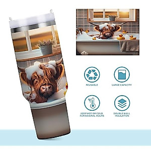 RPLIFE Highland Cow in Bathtub 40oz Tumbler with Handle, Stainless Steel Water Bottle with Straw, Travel Coffee Tumbler
