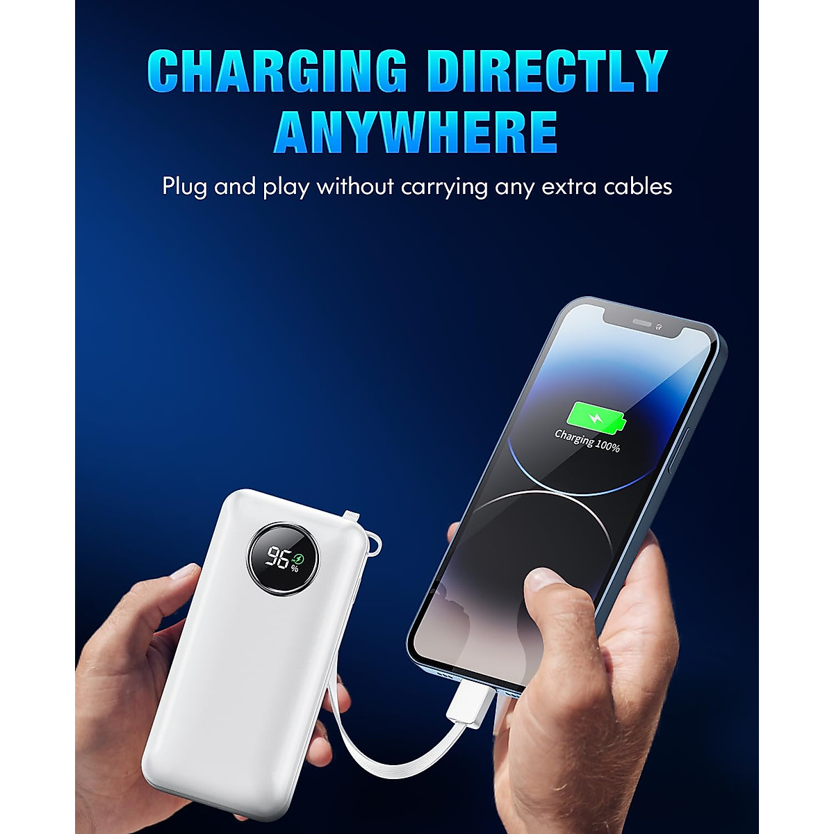 Portable-Charger-Power-Bank - 15000mAh PD 30W Power Bank, Built in Type-C(30W) and iOS(20W) Output Cables LED Display for iPhone and Android Phones and Most Electronic Devices(White)