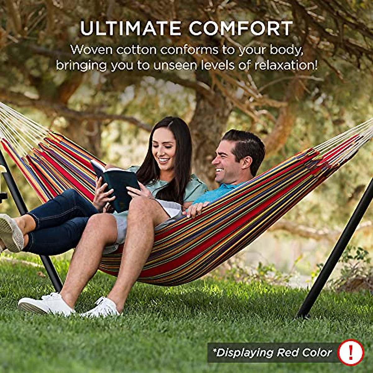 Best Choice Products Double Hammock with Steel Stand, Indoor Outdoor Brazilian-Style Cotton Bed w/Carrying Bag, 2-Person Capacity - Paradise