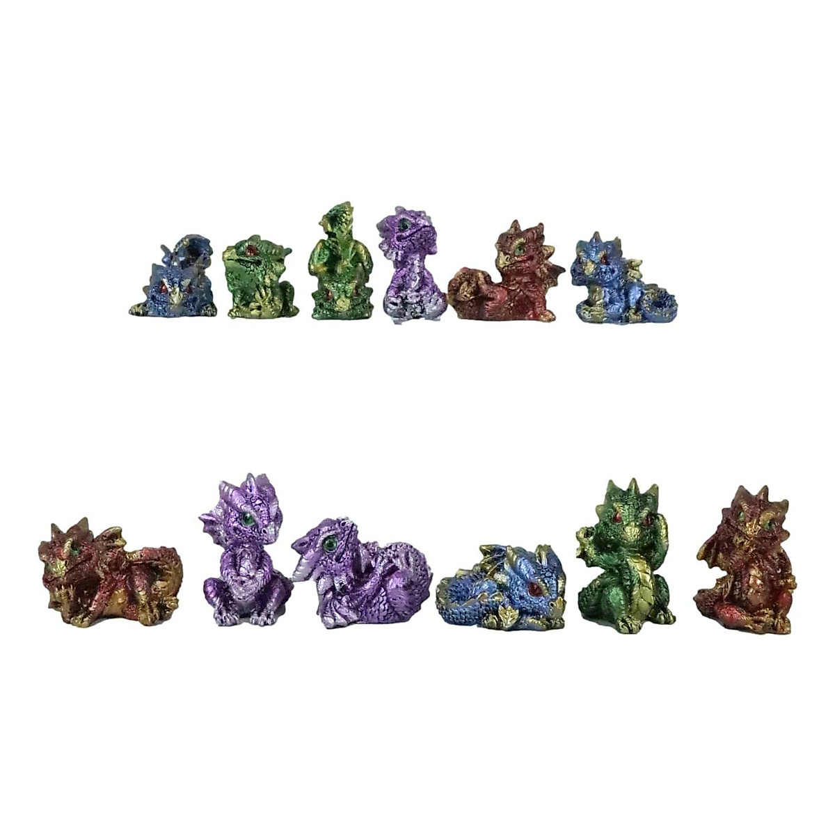 Ebros Gift Set of 12 Colorful Metallic Red Green Purple Blue Baby Dragons in Multiple Poses Miniature Figurines Whimsical Medieval Fantasy Dragon Wyrmlings Fairy Garden Mini Statues