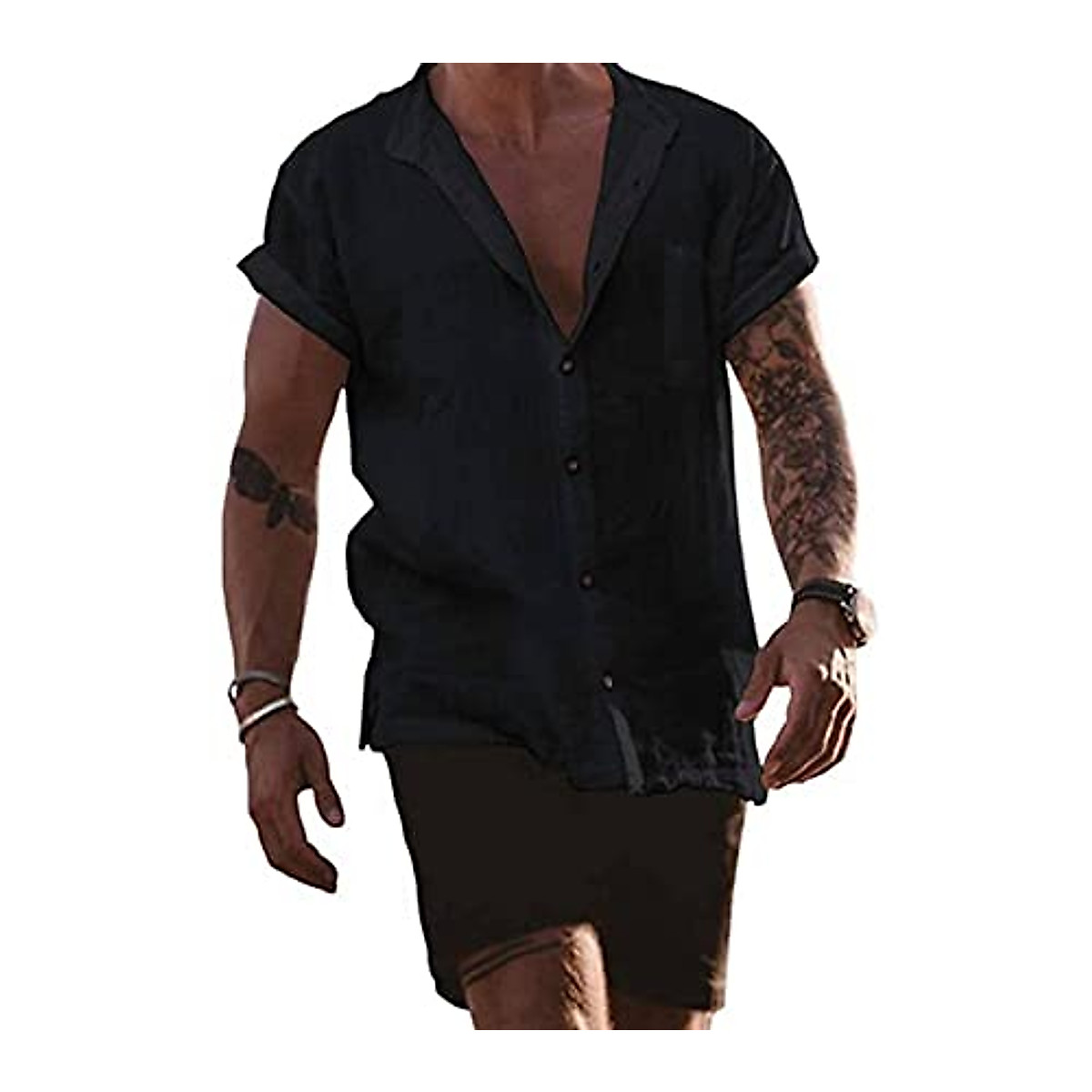 MBETA Cotton and Linen Solid Color Cardigan Loose Short Sleeve Shirt Suitable for Summer Menswear