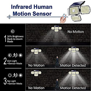 Solar Light Outdoor Motion Sensor Flood Light, 214 LED 500LM Security Light Wall Light Porch Light IP65 Waterproof 4 Adjustable Heads 340°Wide Angle with 3 Optional Modes Lighting for Garden (2 Pack)