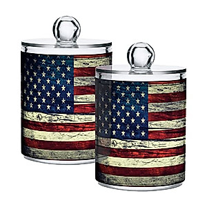 innewgogo American Flag 2 Pack Cotton Swab Ball Holder Organizer Dispenser Plastic Bathroom Containers with Lids Cotton Ball Qtip Holder Bathroom Vanity Organizer for Bath Salts