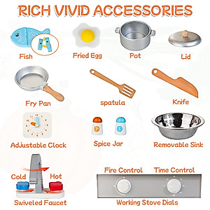 HELLOWOOD Wooden Toy Kitchen Set for Kids, Toy Kitchen Playset with Removable Sink Faucet & Play Food, Pretend Play Kitchen Toys for Toddlers Age 3+