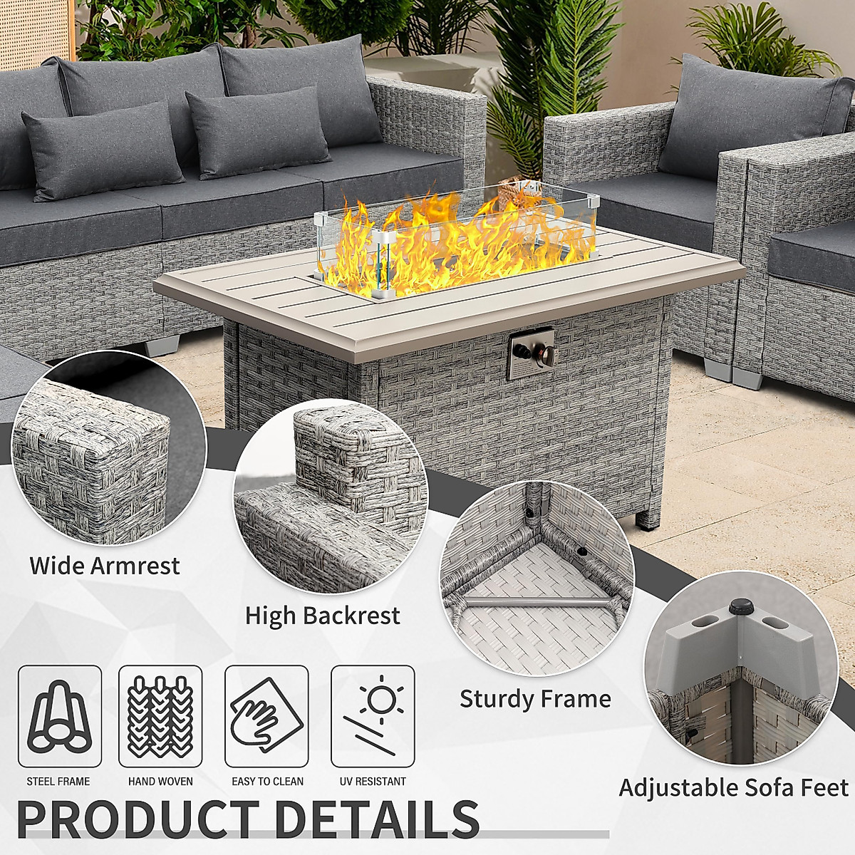 WAROOM Patio Furniture Set Gray Rattan 7 Pieces Outdoor Sectional Sofa PE Wicker Conversation Chairs with Propane Fire Pit Table and Non-Slip Thick Grey Cushion