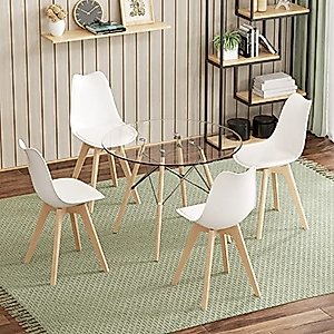 Echoamo 5-Piece Glass Dining Table Set, Compact Mid-Century Modern Round Table & Chair Set, Dining Table Set for 4, Round Dining Table with 4 Chairs for Kitchen, Dining Room, Space-Saving