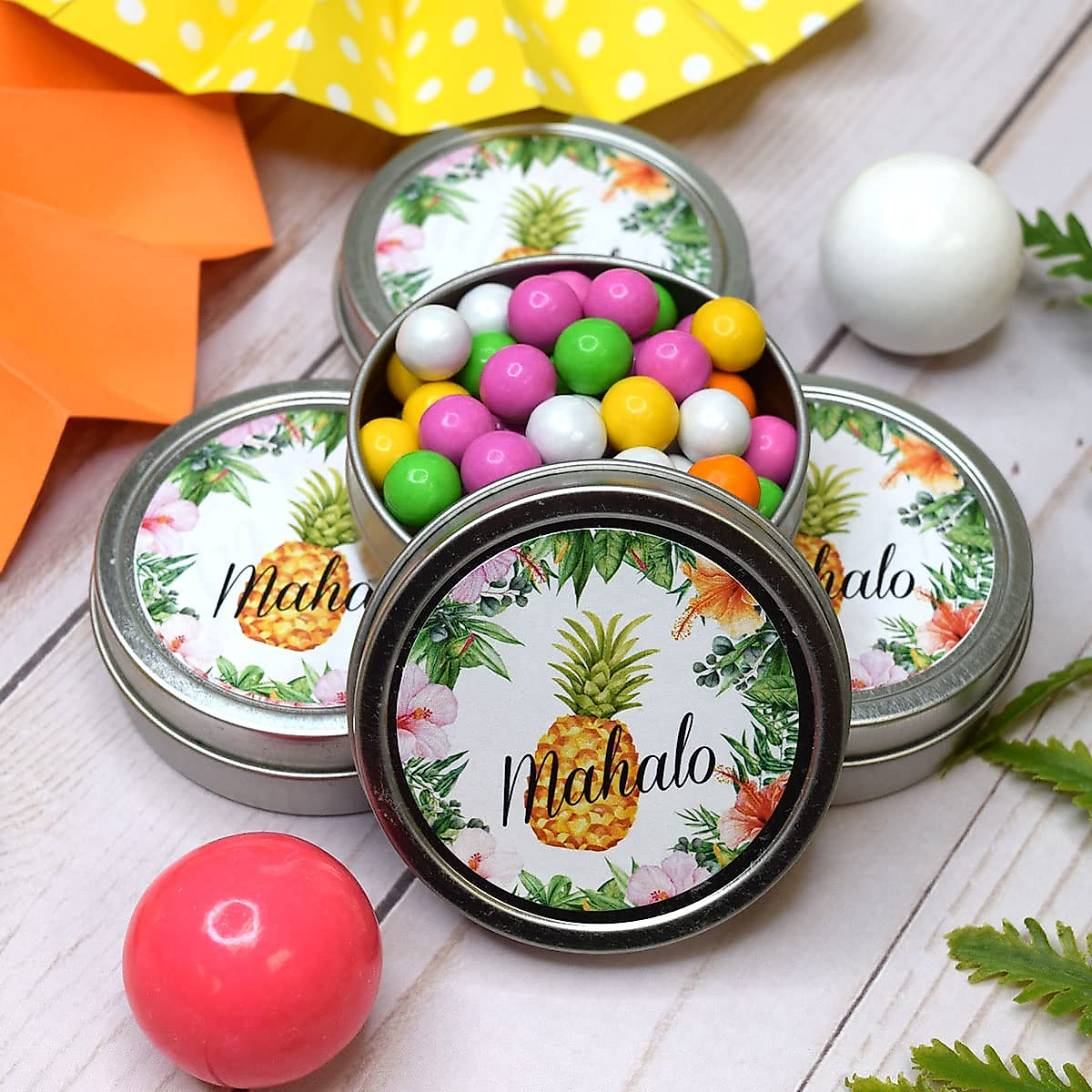 Watercolor Pineapple Mahalo Thank You Sticker Labels, 40 2" Party Circle Stickers by AmandaCreation, Great for Party Favors, Envelope Seals & Goodie Bags