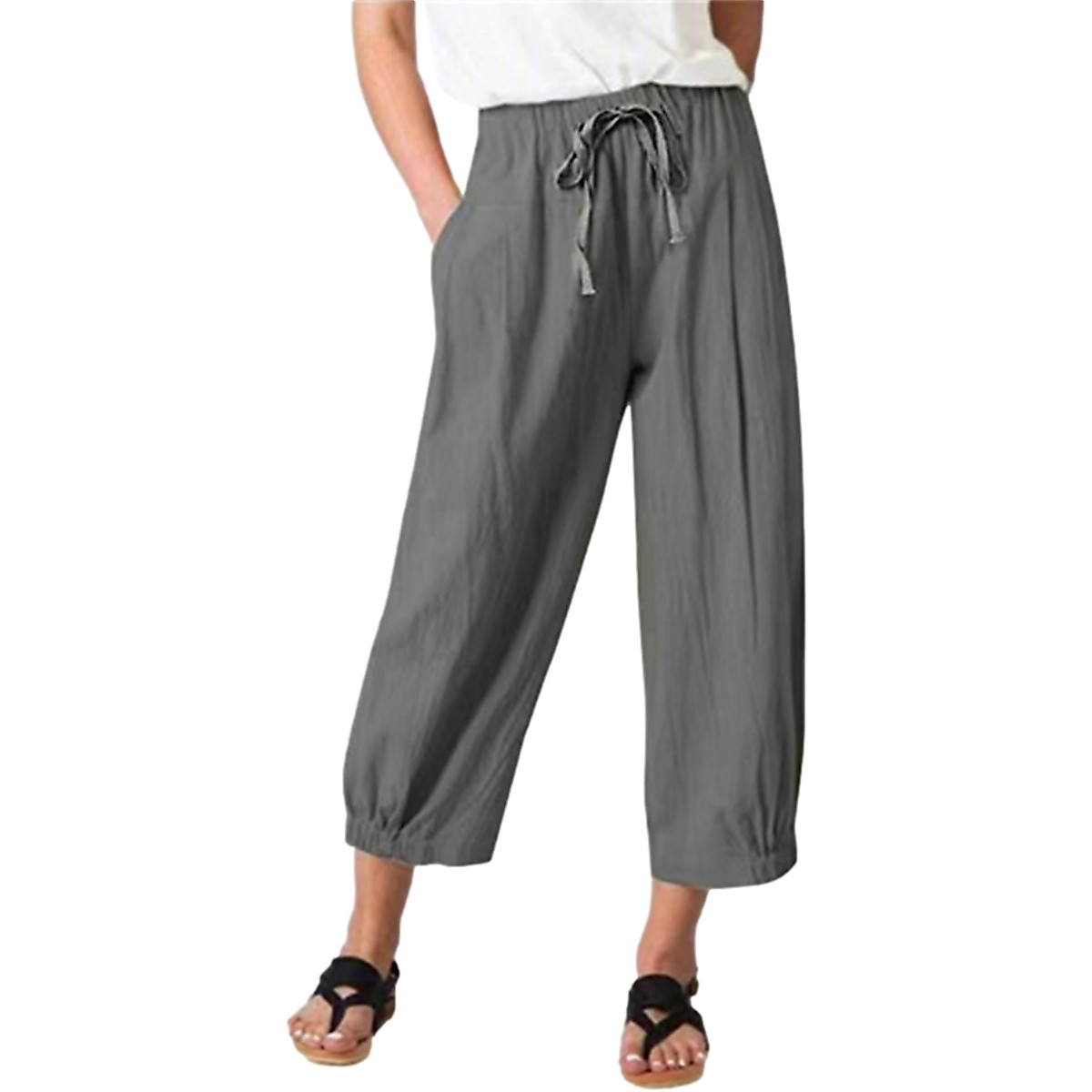 Bozanly Summer Capri Pants Elastic Waist Cotton Linen Yoga Cropped Pants Trousers for Women with Drawstring(0520-01Gray-XL)