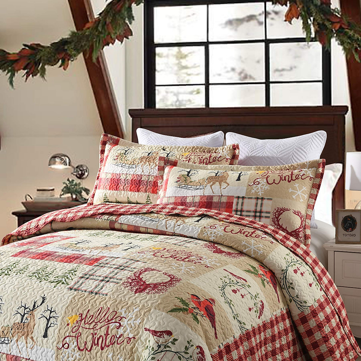 MarCielo 3 Piece Christmas Quilt Set, Rustic Lodge Deer Quilt Bedspread Throw Blanket Lightweight Bedspread Coverlet Comforter Set BY010 (King)