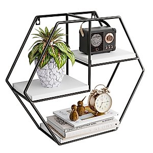 WFSRESTD Hexagon Shelves for Wall - Wooden Floating Shelf for Wall Home Decor, Resilient Metal Honeycomb Wall Shelf for for Bedroom, Living Room, Bathroom