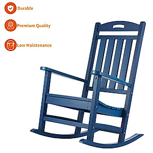 Adiromoti Outdoor Rocking Chair, All-Weather Resistant Poly Lumber Rocker Chair Outdoor, High Back Plastic Patio Rocking Chairs for Outside Porch Rocker Garden Lawn, Navy Blue