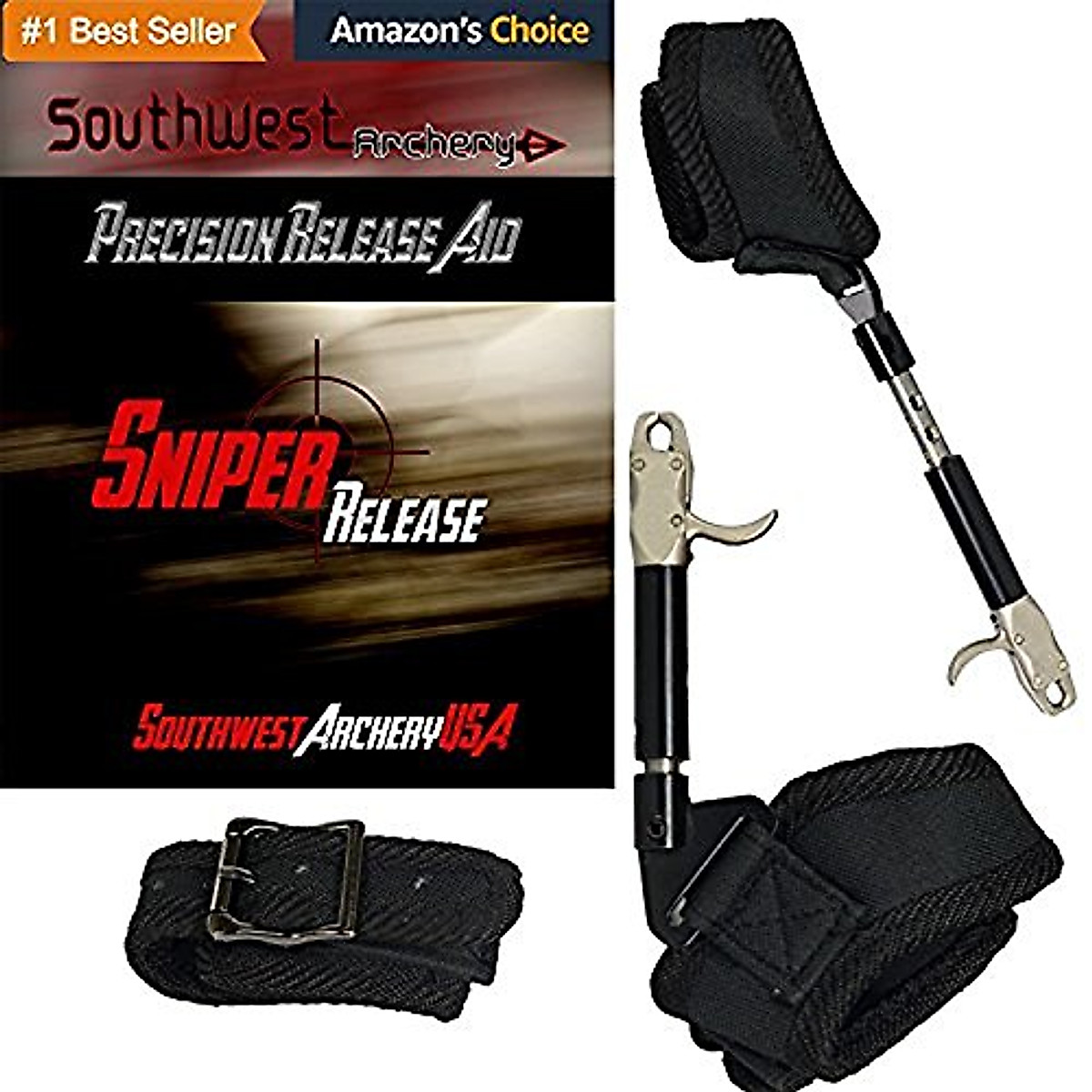 Sniper Adjustable Archery Buckle Release; for Compound Bows, Ambidextrous Adult & Youth Sizes, 360 Swivel with Dual Caliper Head, Adjustable Trigger Tension, Tools Included: Adult Black
