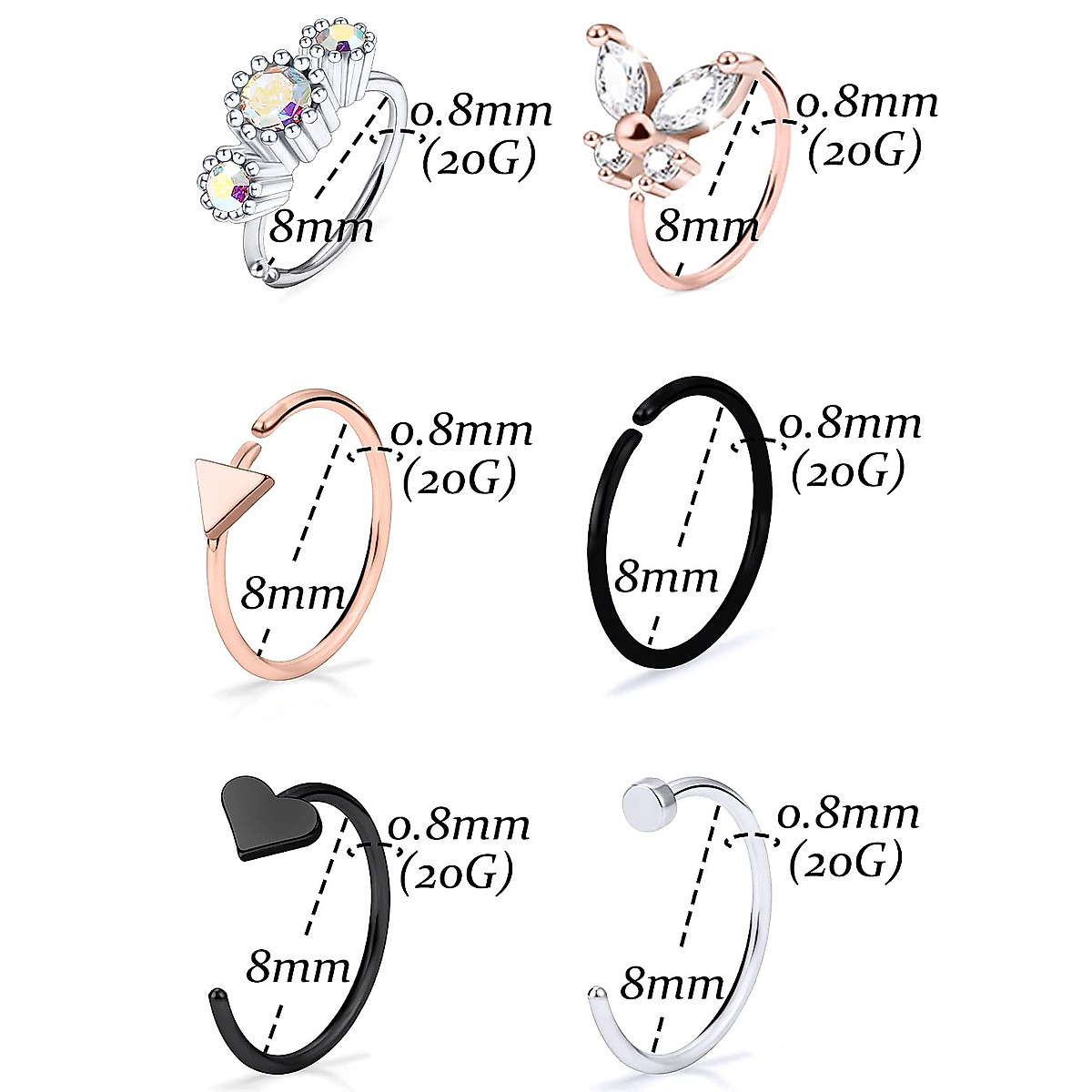 Vsnnsns 20G Nose Rings Hoop Nose Piercing Jewelry Stainless Surgical Steel Daith Rook Cartilage Helix Earrings Hoop Ear Nose Septum Rings Body Piercing Jewelry for Women Men 8mm 27 PCS