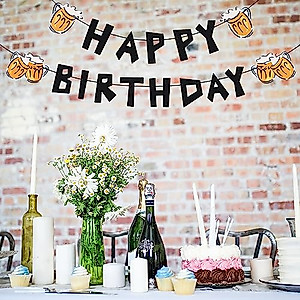 Happy Birthday Banner, Felt Birthday Banner Black Birthday Banner with Beer Mugs Happy Birthday Decorations for Men Women Pre-Strung Happy Birthday Banner