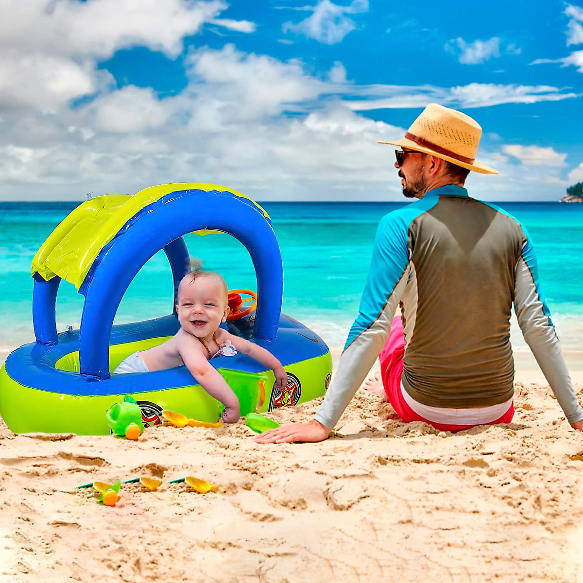 Baby Pool Float with UPF 50+ Canopy,Car Shaped Babies Swim Float Boat for Toddler Infant Swim Ring Pool Spring Floaties Summer Beach Outdoor Play