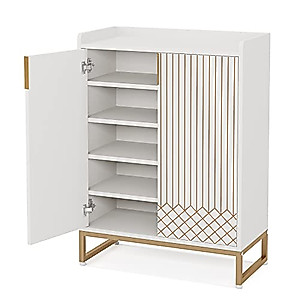 Tribesigns Shoe Cabinet, 25 Pairs Shoe Cabinets with Doors, White 5-Tier Wood Shoes Rack Organizer for Entryway, Freestanding Shoe Storage Cabinet with Gold Metal Frame for Bedroom Hallway Living Room