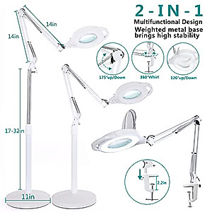 【Upgrade 10X】LED Magnifying Floor Lamp,NUEYiO 2200 Lumen Professional Cool Light Magnifier Lamp for Estheticians,Adjustable Stand&Swivel Arm Magnifier with Light for Facials Sewing Repair Crafts-White