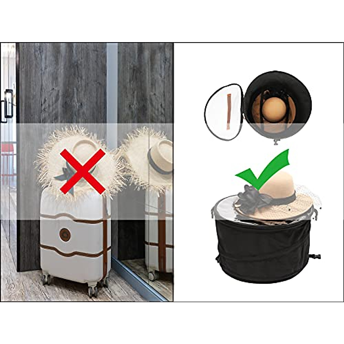 Foldable Hat Box,Round Hat Storage Box with Lid, Stuffed Animal Toy Storage Box, Large Pop-Up Hat Storage Bag, Men and Women Travel Hat box, 17 In Black