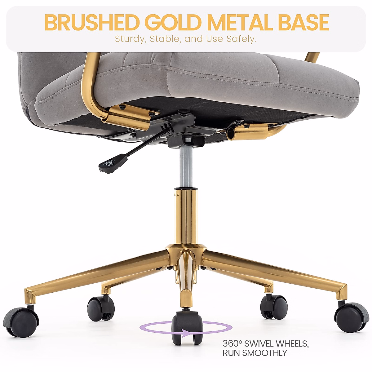 MFD LIVING Velvet Home Office Desk Chair, Upholstered Adjustable Swivel Task Chair with Wheels, Tufted Mid-Back Computer Chair with Arms, for Study Living Room Vanity (Grey, Gold Base)