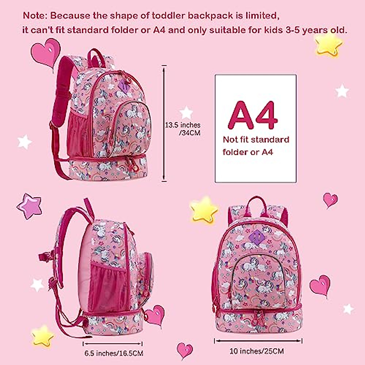HAPPYSUNNY Toddler Backpack and Lunch Box Set for Girls 2-in-1 Kids Unicorn Backpack and Insulated Lunch Bag Compartment
